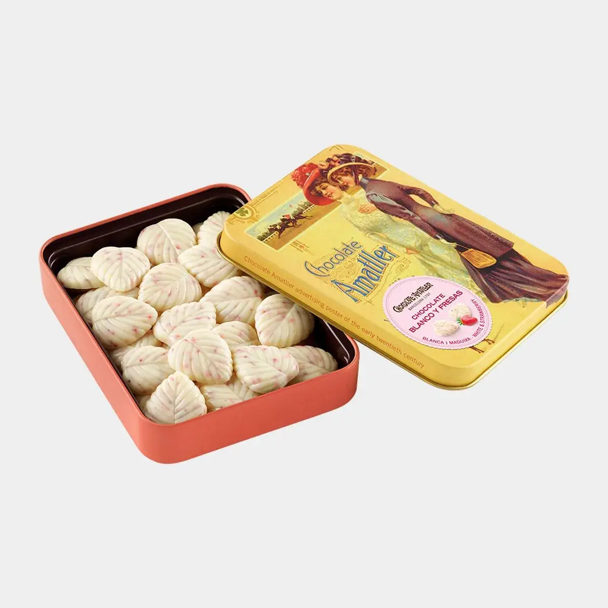 Bombones de Chocolate Blanco y Fresas Amatller | Lata 60gr.